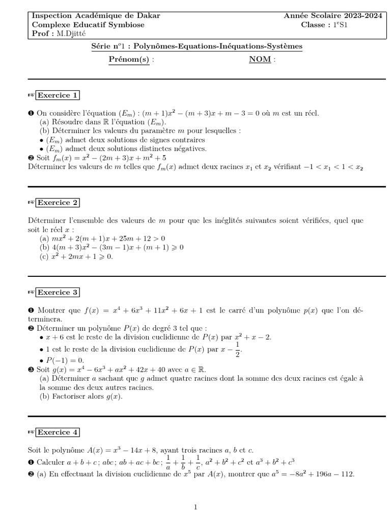 Exercices sur Polynômes et Équations | PDF | Division | Mathématiques