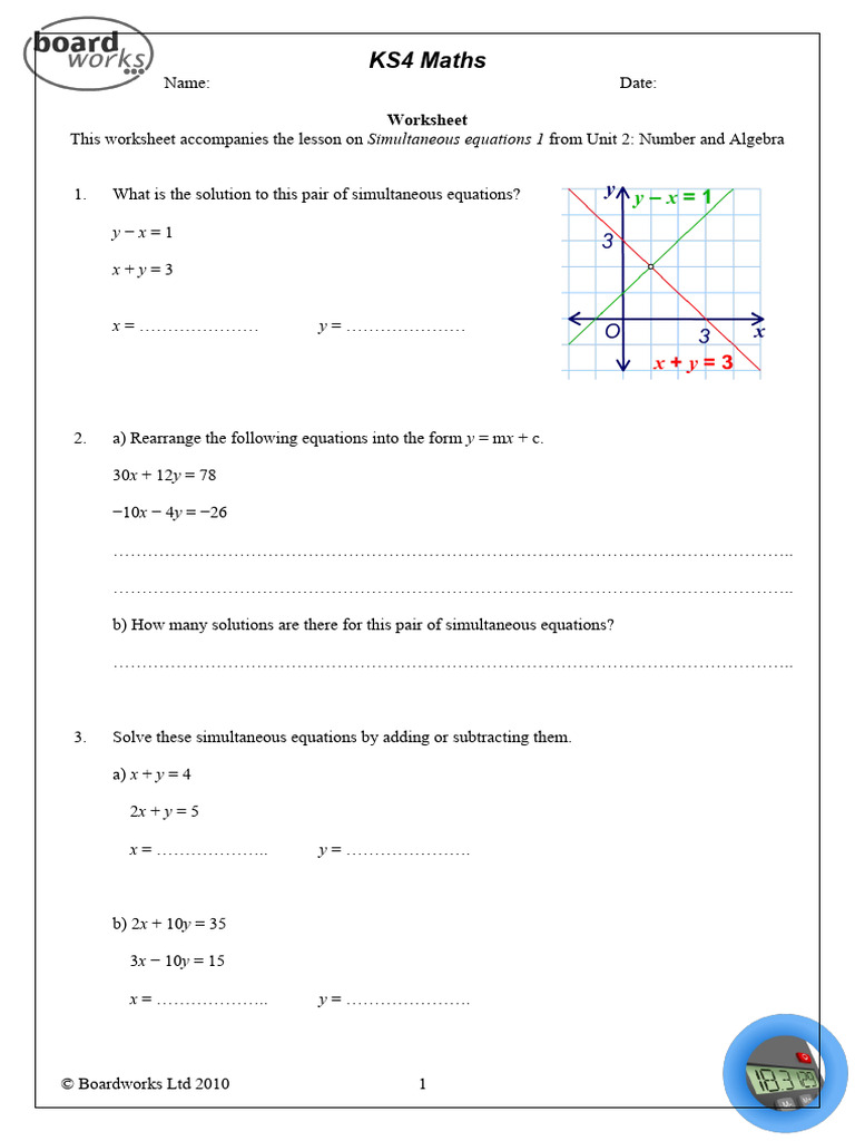 Simultaneous Equations 1 Worksheet Unit 2 | PDF | Equations | Mathematics