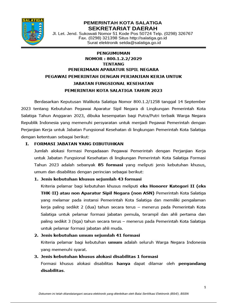 Penerimaan ASN PPPK Jabatan Fungsional Kesehatan Pemerintah Kota Salatiga Formasi Tahun 2023 | PDF