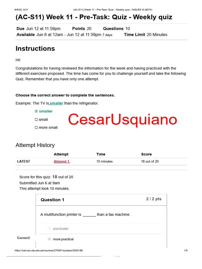 Ac s11 Week 11 Pre Task Quiz Weekly Quiz Ingles III 9374 Compress | PDF | Manufactured Goods ...