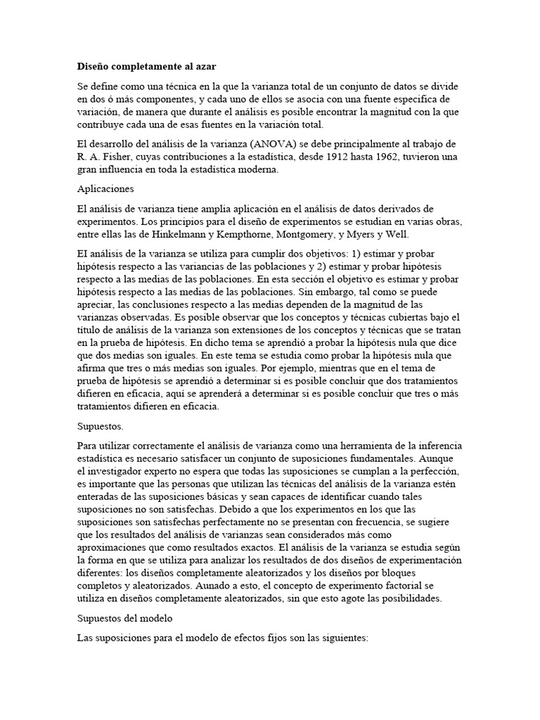 Diseño Completamente Al Azar | PDF | Análisis de variación | Diferencia Diseño Completamente Al Azar | PDF | Análisis de variación | Diferencia