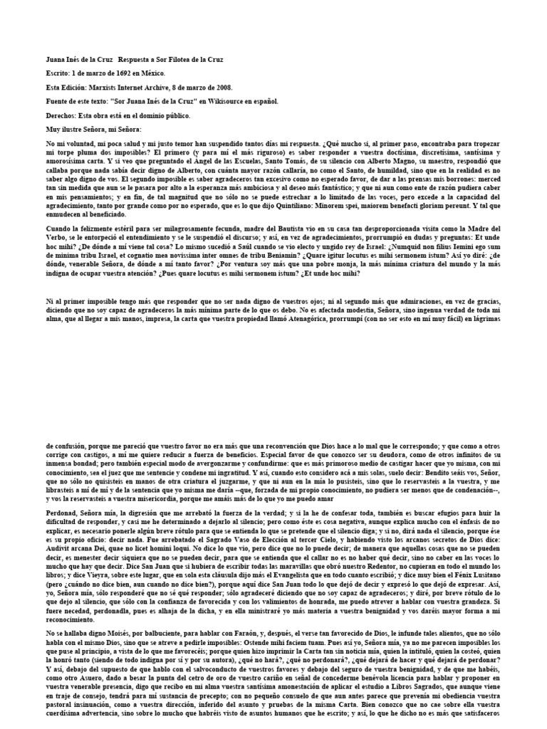 Respuesta de Sor Juana a Sor Filotea | PDF | Amor | Verdad