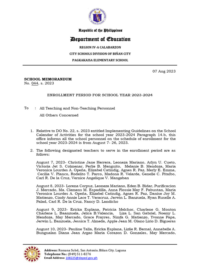 School Memo No. 044 S. 2023 Enrollment Period For School Year 2023 2024 | PDF
