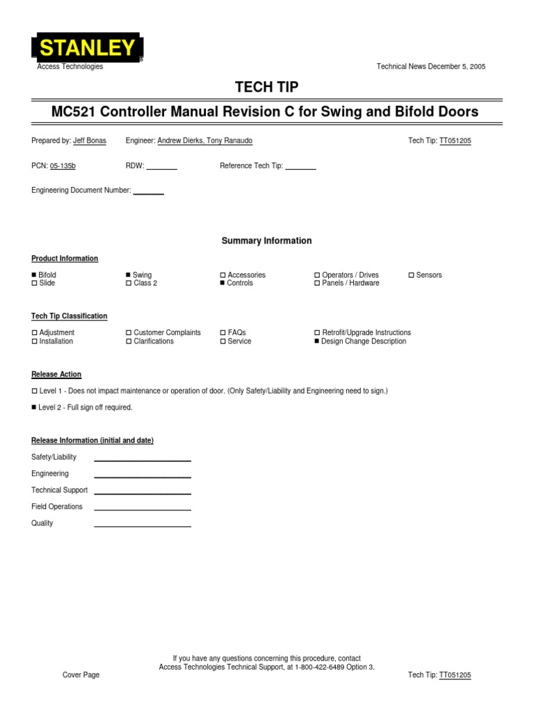 MC521 Controller Manual Revision C For Swing and Bifold Doors 12 05 ...