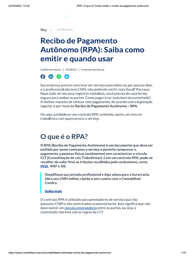 Recibo de Pagamento Autônomo - RPA - Saiba Como Emitir e Quando Usar | PDF