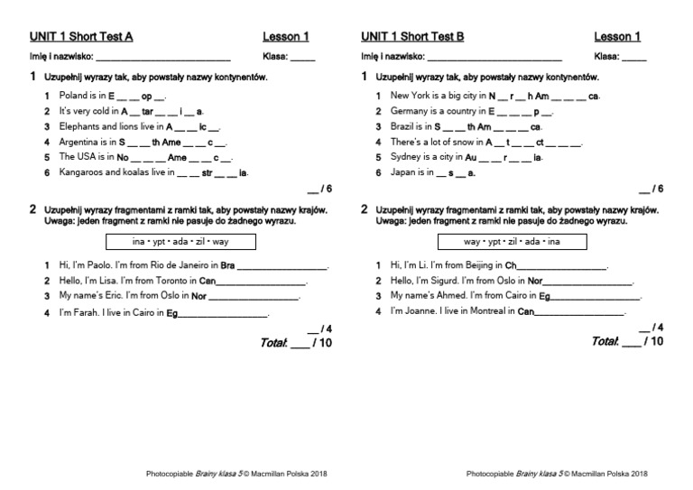 Brainy kl5 Short Tests Unit 1 Lesson 1 | PDF