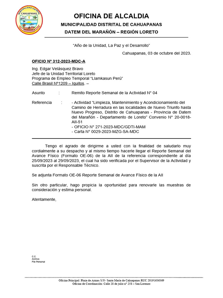 OFICIO 312 2023-MDC-A - Reporte Semanal (25.09.23-29.09.23) | PDF