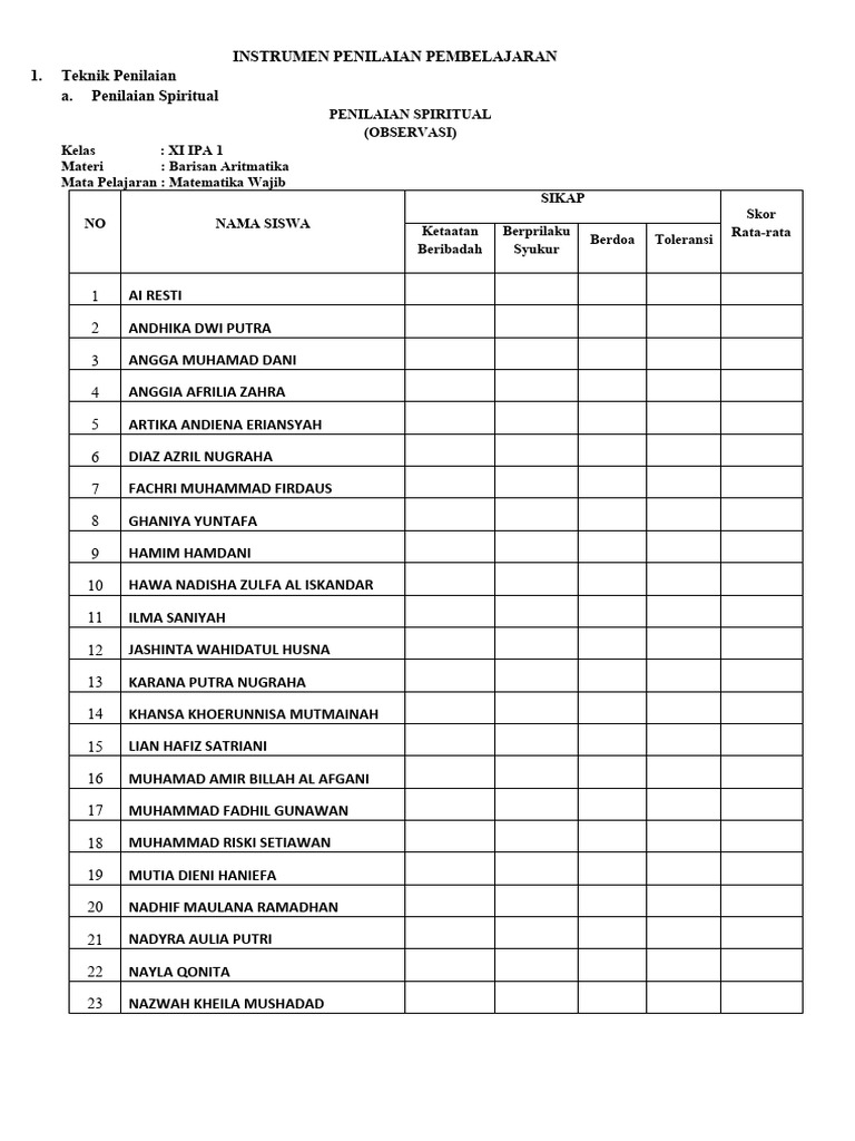 Instrumen Penilaian Pembelajaran Xi Ipa 1 | PDF