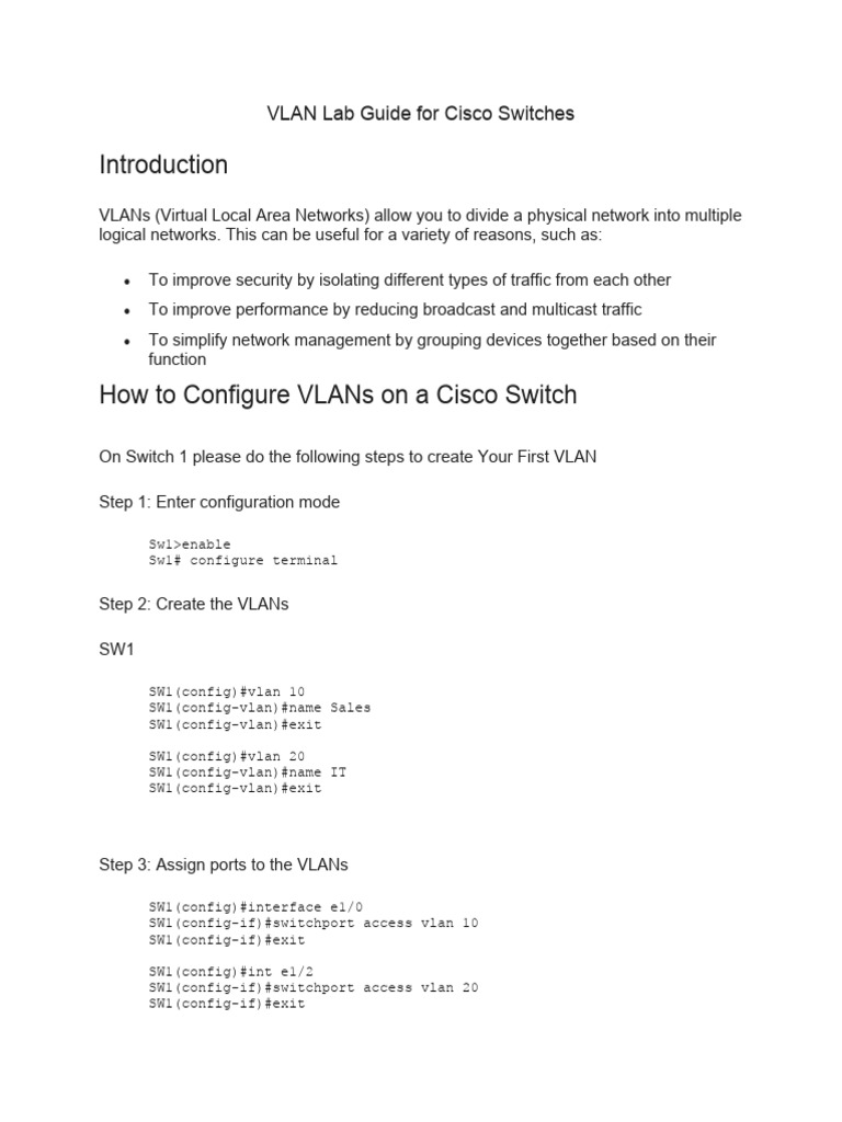 VLAN Lab Guide For Cisco Switnches | Download Free PDF | Data Transmission | Network Architecture