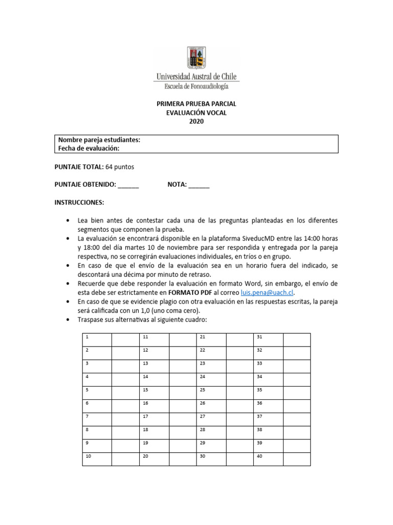 Prueba Parcial 1_Evaluación Vocal 2020 | PDF | Laringe | Medicina CLINICA Prueba Parcial 1_Evaluación Vocal 2020 | PDF | Laringe | Medicina CLINICA