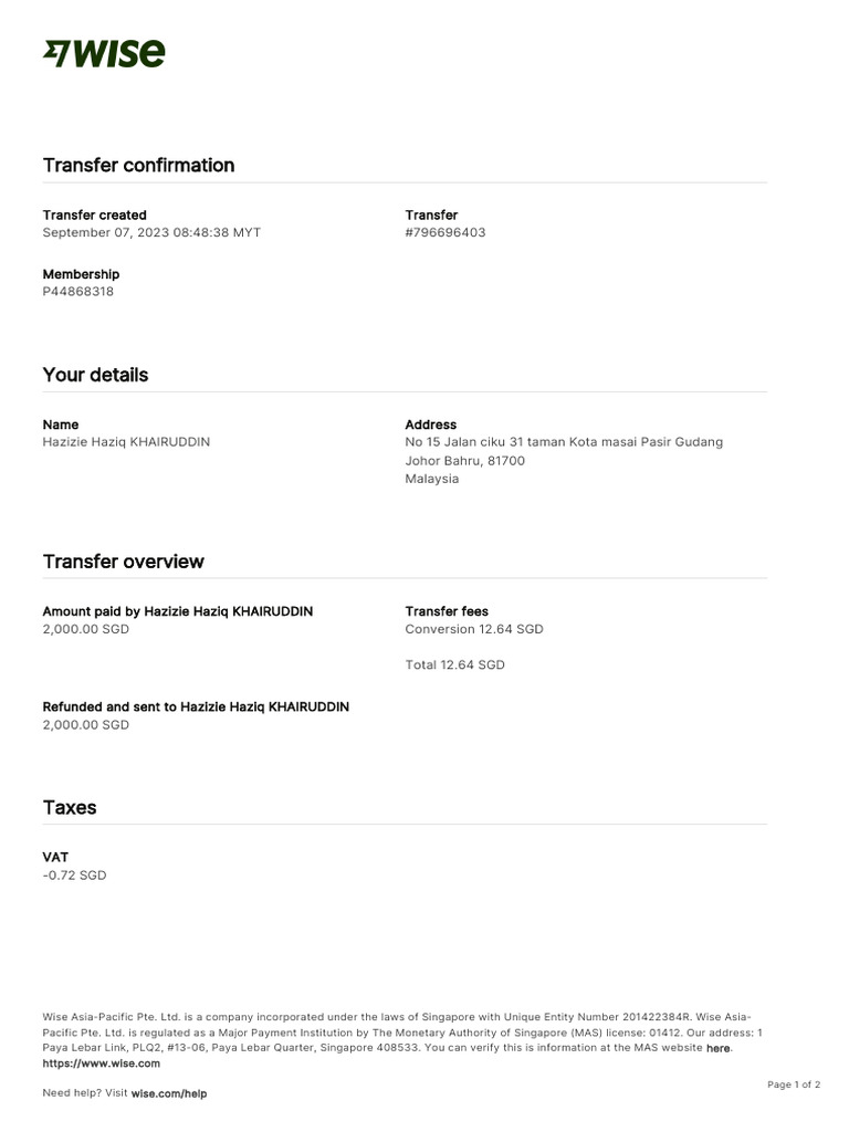 Wise Transaction Invoice Transfer 796696403 1636499714 en | PDF ...