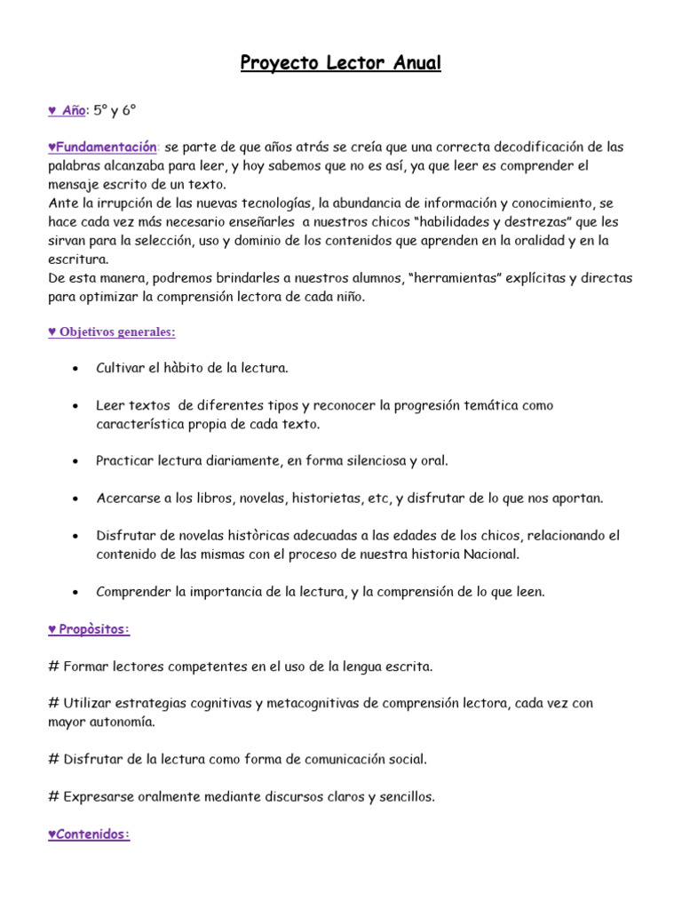 Proyecto Lector Anual | Descargar gratis PDF | Comprensión lectora | Aprendizaje
