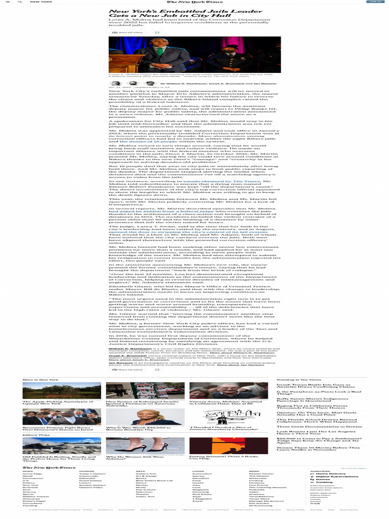 Louis Molina, Head of NYC's Troubled Jails, Is Named Deputy Mayor | PDF ...
