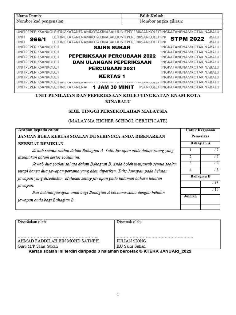 Skema Jawapan Peperiksaan Percubaan Dan Ulangan Sem 1 Tahun 2022 | PDF