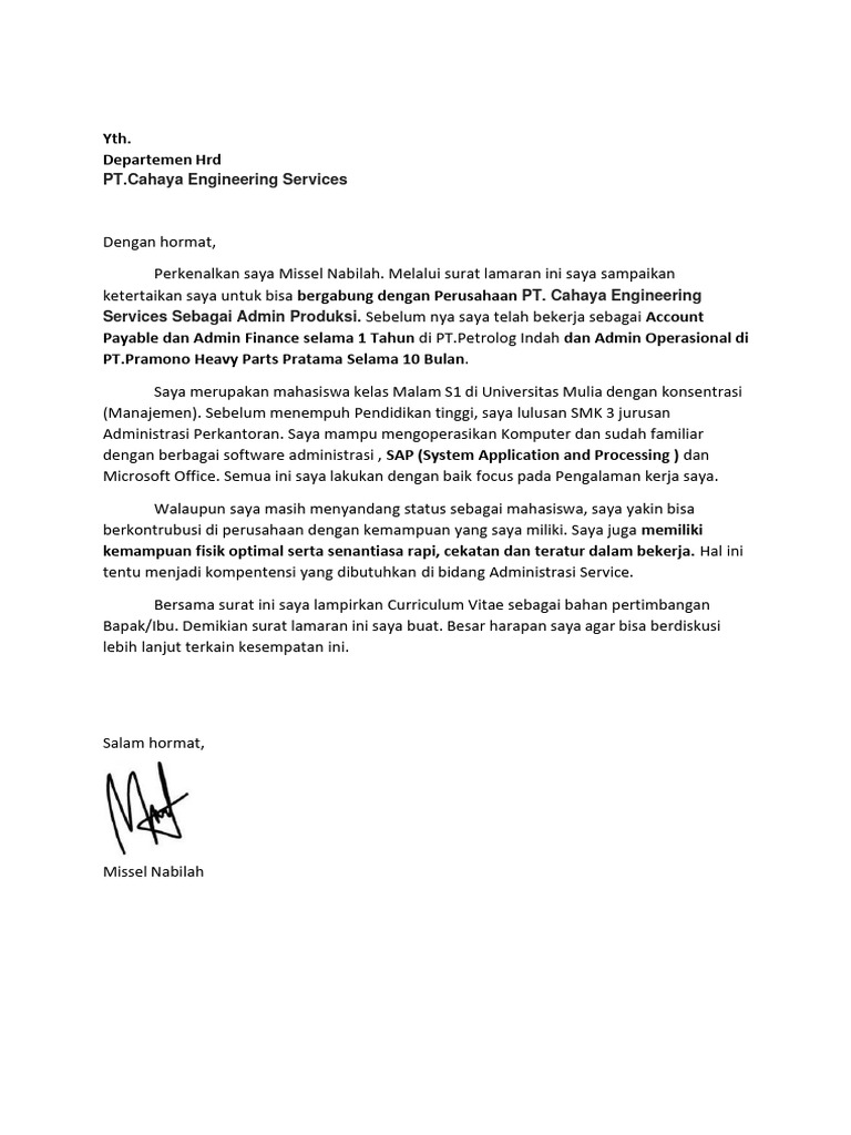 Surat Lamaran & CV. - PT - Cahaya Engineering Services | PDF