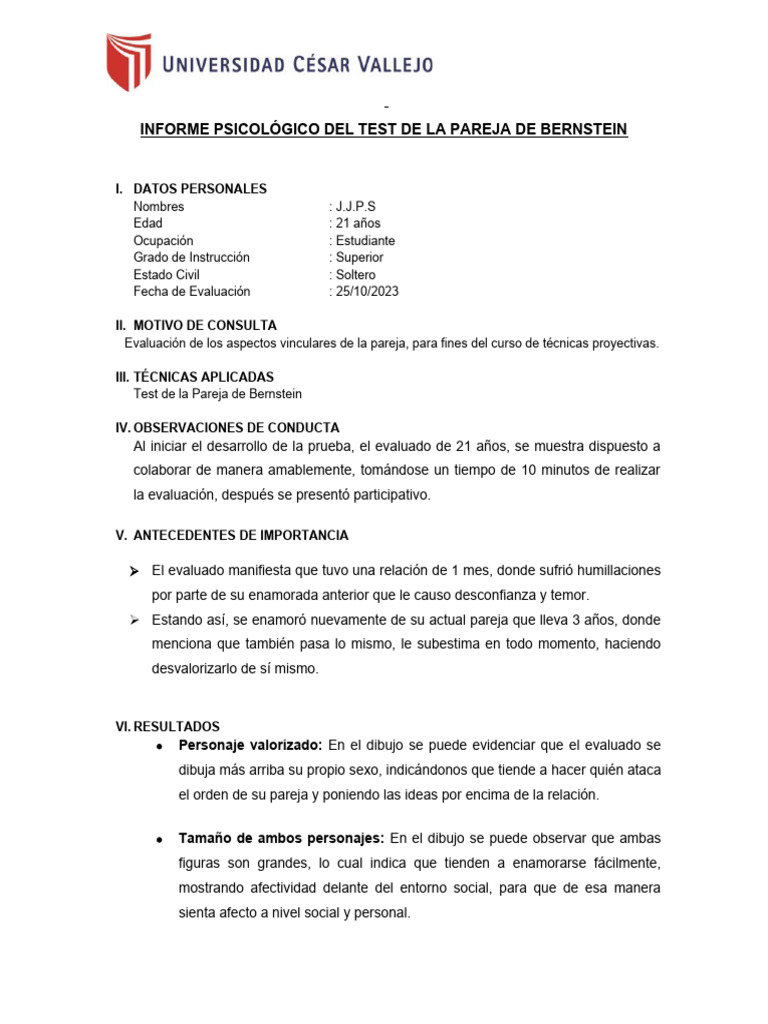 Modelo de Informe Psicologico Test de La Pareja de Bernstein) | PDF ...