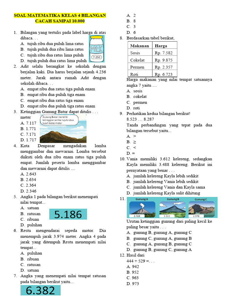 Kelas 4 Soal MTK BILANGAN CACAH SAMPAI 10.000 | PDF