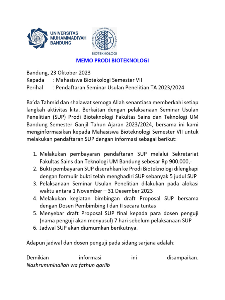 MEMO Pendaftaran SUP PRODI BIOTEKNOLOGI 2023-2024-1 | PDF MEMO Pendaftaran SUP PRODI BIOTEKNOLOGI 2023-2024-1 | PDF