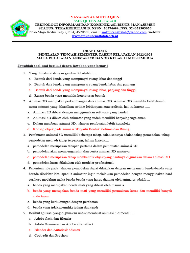 Soal PTS Genap Animasi Terbaru 2023 | PDF