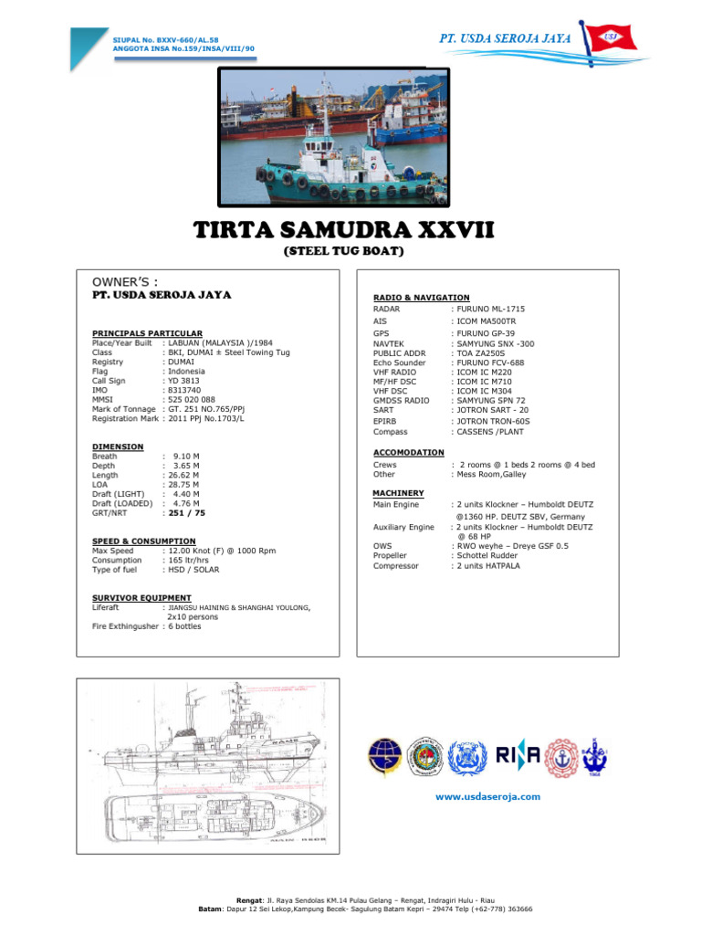 TB Tirta Samudra Xxvii Ship Particular | PDF | Ships | Water Transport