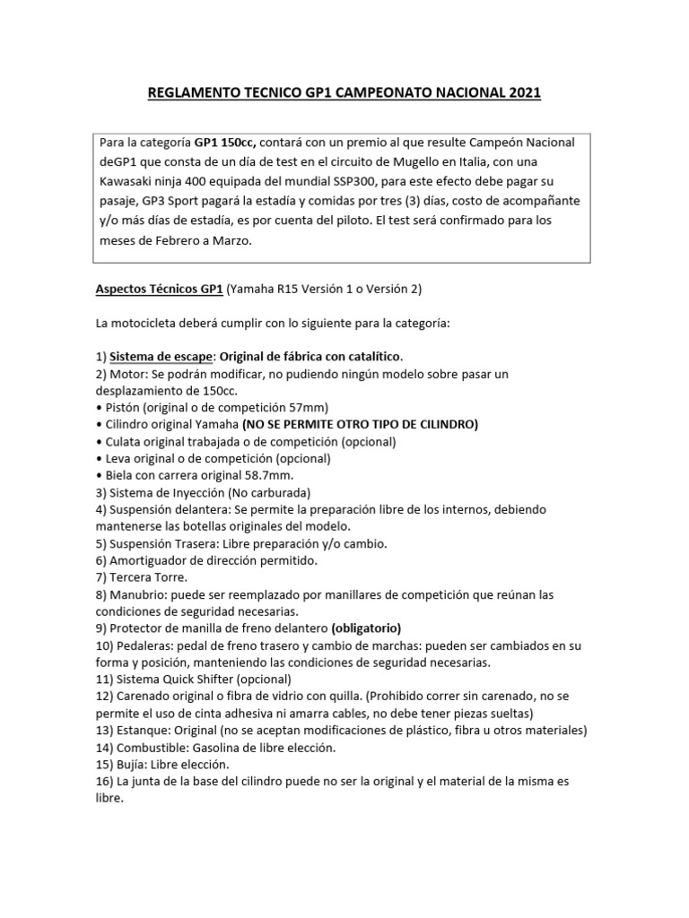 Rgp1 Reglamento Tecnico Gp1 Campeonato Nacional 2021 | PDF | Motocicleta | Tecnología de vehículos