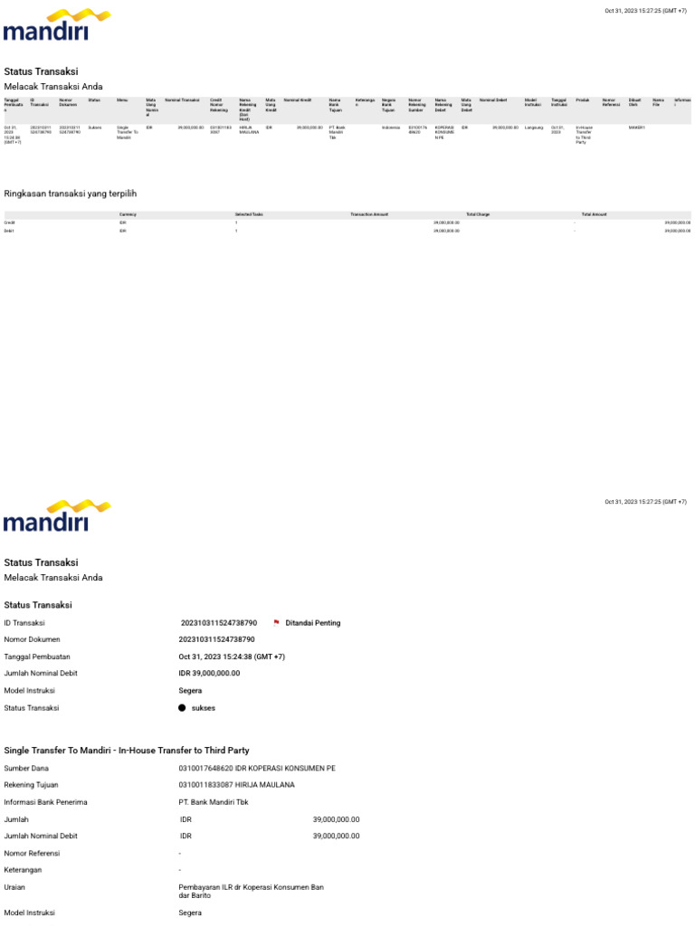 Status Transaksi Transfer Mandiri | PDF