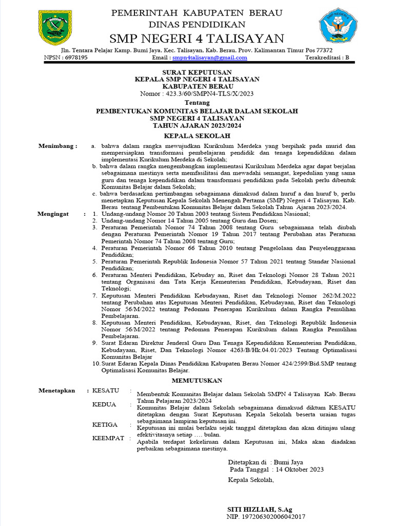 Contoh Konsideran SK Kombel SMP | PDF