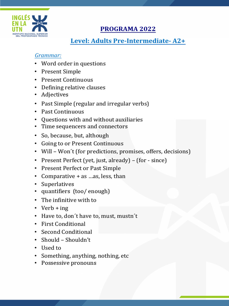 Programa - Adultos - Pre Intermediate 2022 Ok | PDF