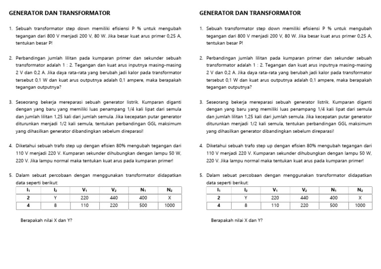 Soal Generator Dan Transformator Kelas Xii | PDF