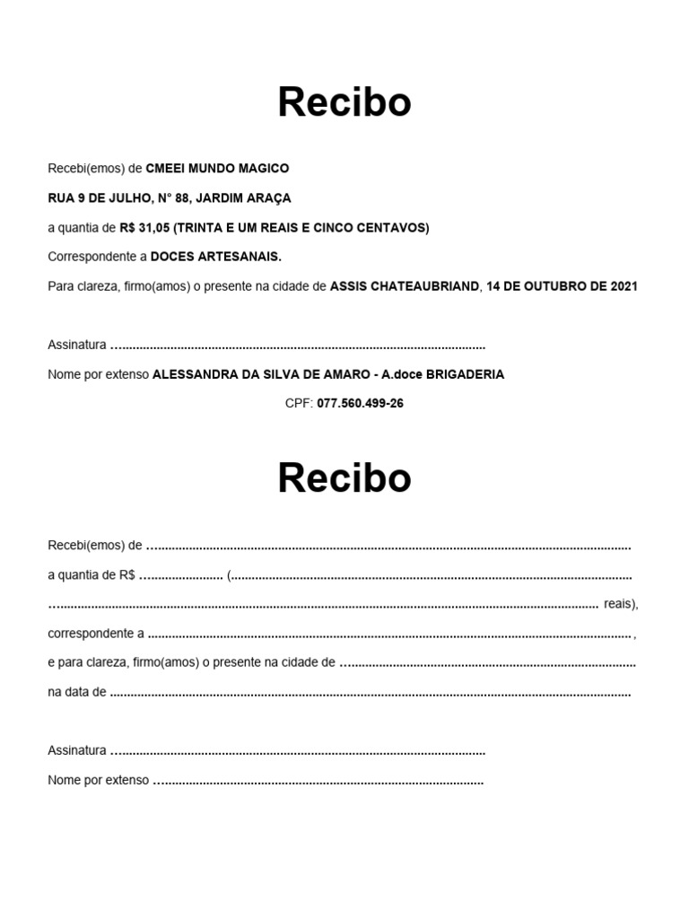 Modelo Recibo Simples para Impressao | PDF