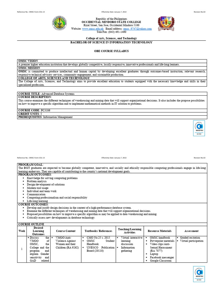 2023 Syllabus Advanced Database System Pdf Sql Relational Database
