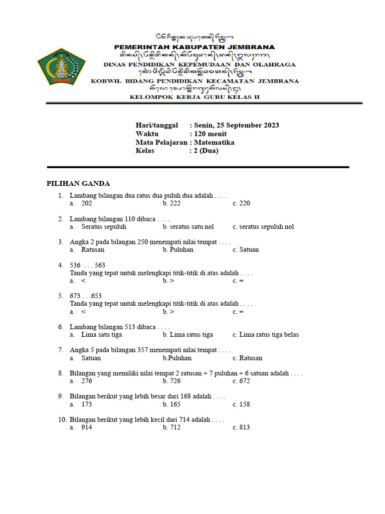 Soal STS KLS 2 Matematika | PDF