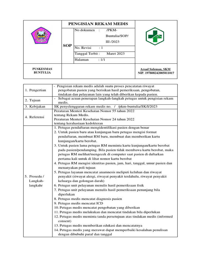 Sop Pengisian Rekam Medis | PDF