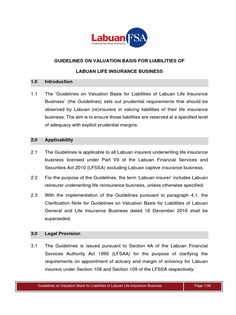 Guidelines On Valuation Basis For Liabilities of Labuan Life Insurance ... Guidelines On Valuation Basis For Liabilities of Labuan Life Insurance ...