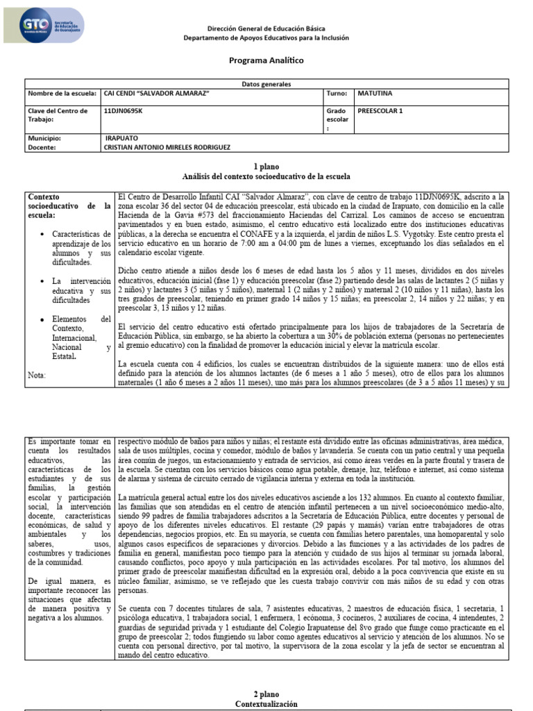 Programa Analitico - Preescolar 1 | PDF | Educación de la primera infancia | Aprendizaje