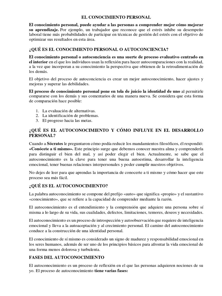 El CONOCIMIENTO PERSONAL | PDF | Aprendizaje | Autoestima