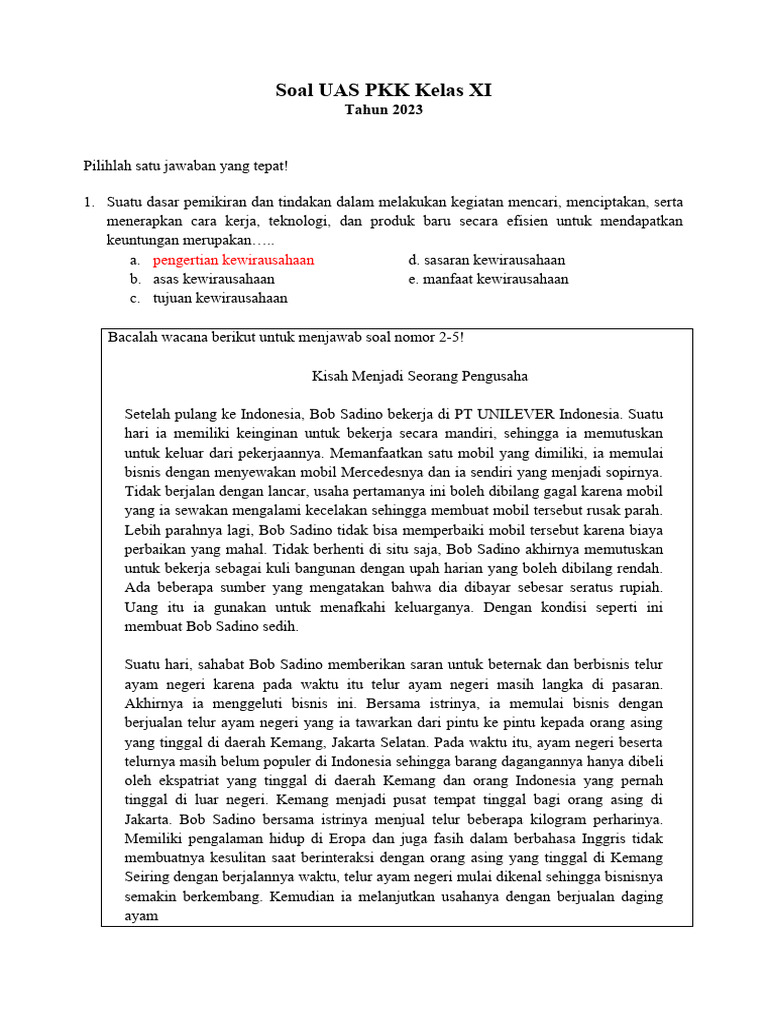 Soal UAS PKK Kelas XI 2023 | PDF