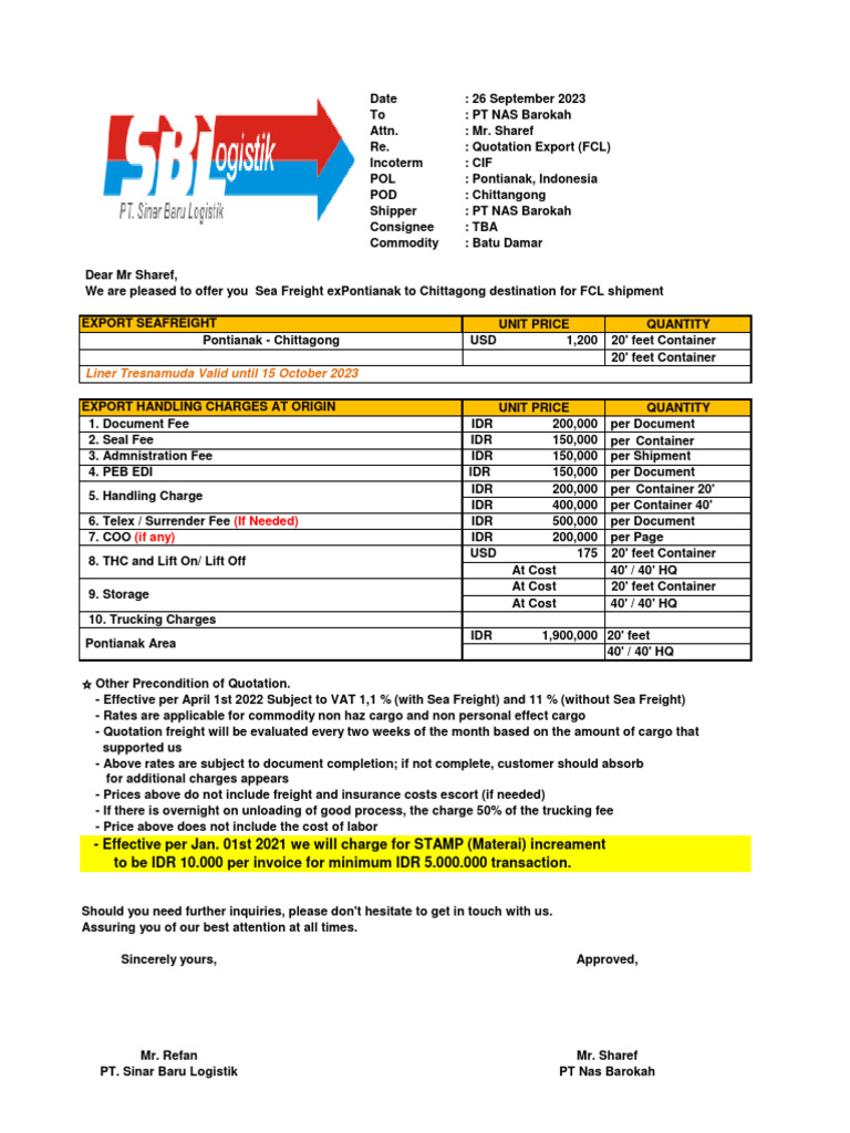 CIF Sea Freight Quote: Pontianak to Chittagong | PDF | Cargo | Service ...