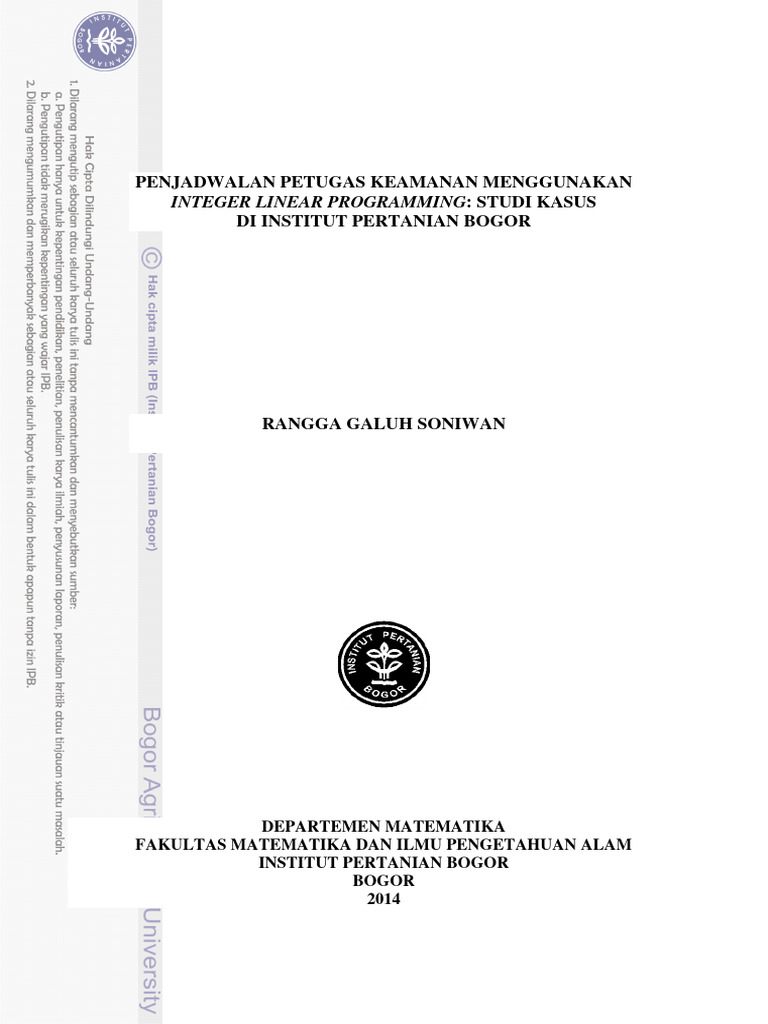 Penjadwalan Petugas Keamanan Menggunakan Integer Linear Programming Studi Kasus Di Institut ...