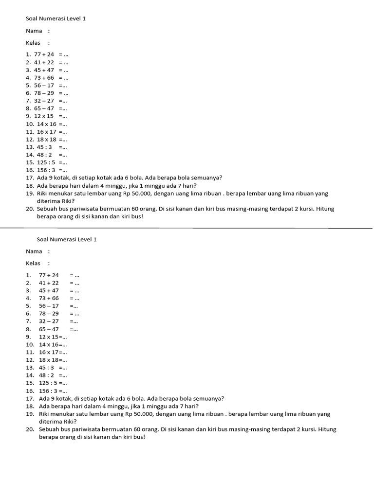 Soal Numerasi Level 1-5 SP2K Ke-2 Final | PDF