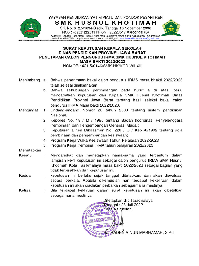 SK Irma SMK Husnul Khotimah | PDF