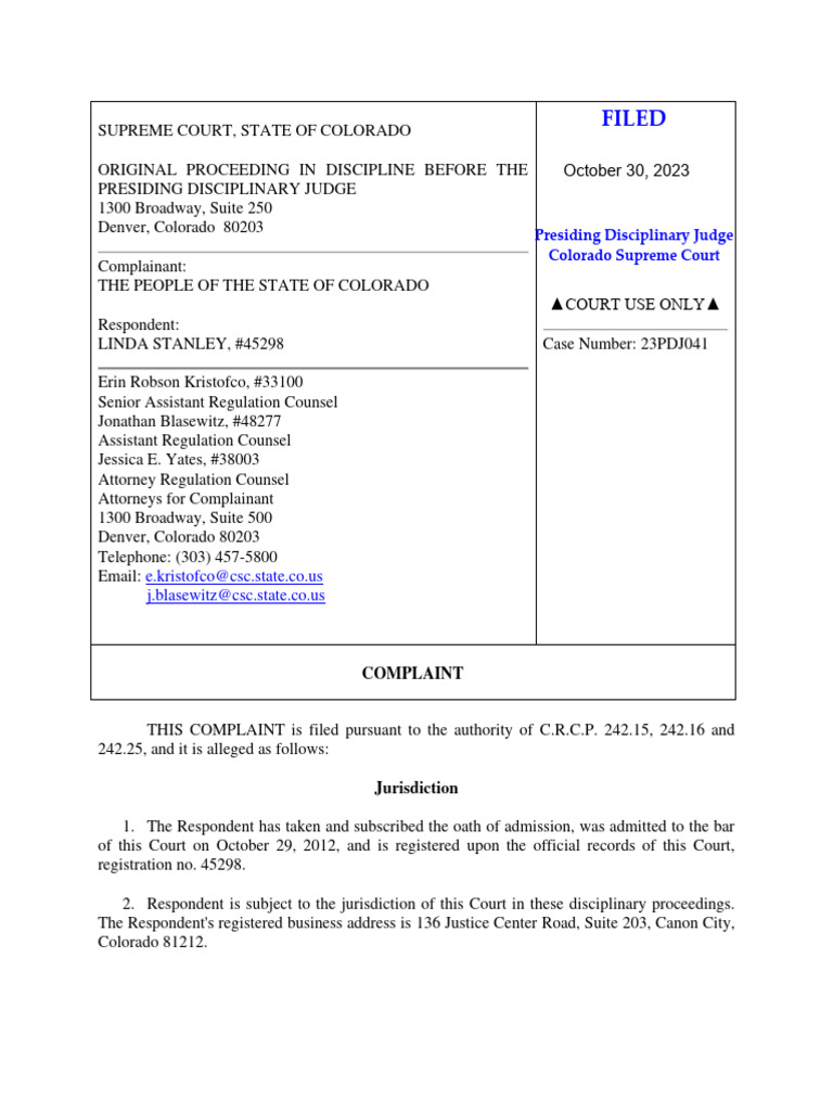 Complaint Filed in Colorado Supreme Court Regarding Misconduct by ...