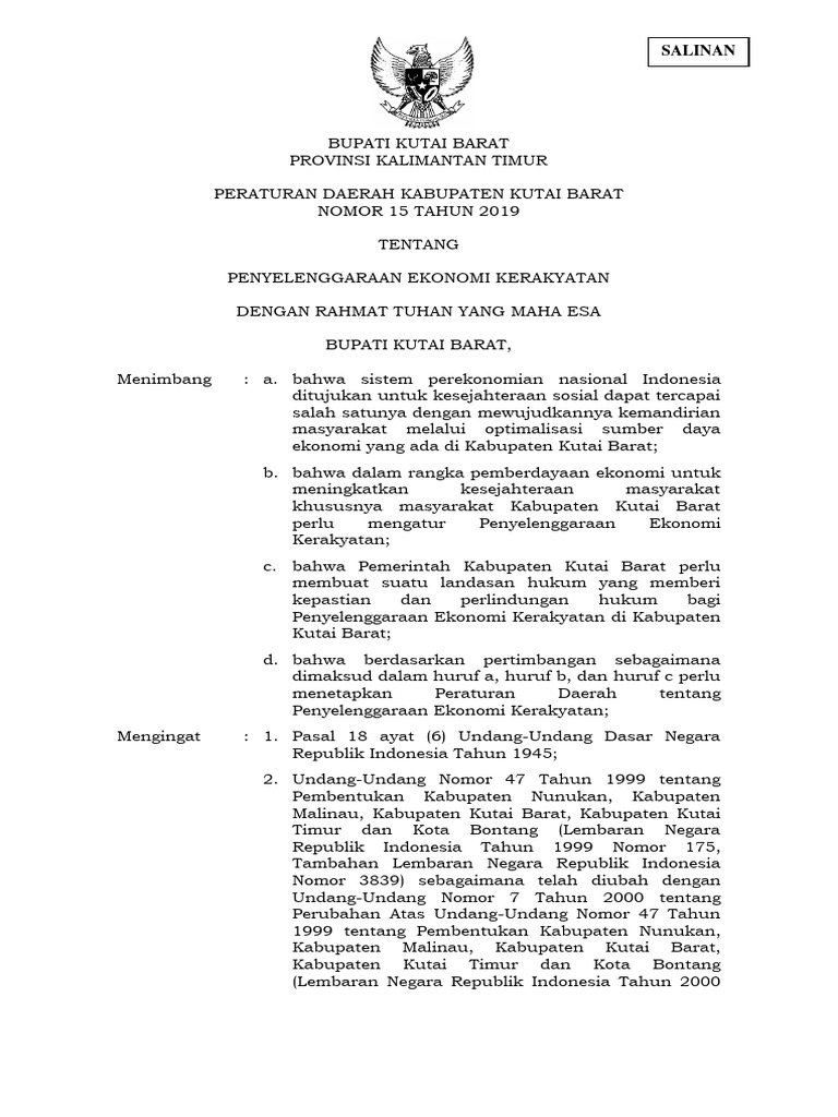 Perda Nomor 15 Tahun 2019 TTG Ekonomi Kerakyatan. Inisiatif DPRD | PDF | Politik | Ilmu Sosial