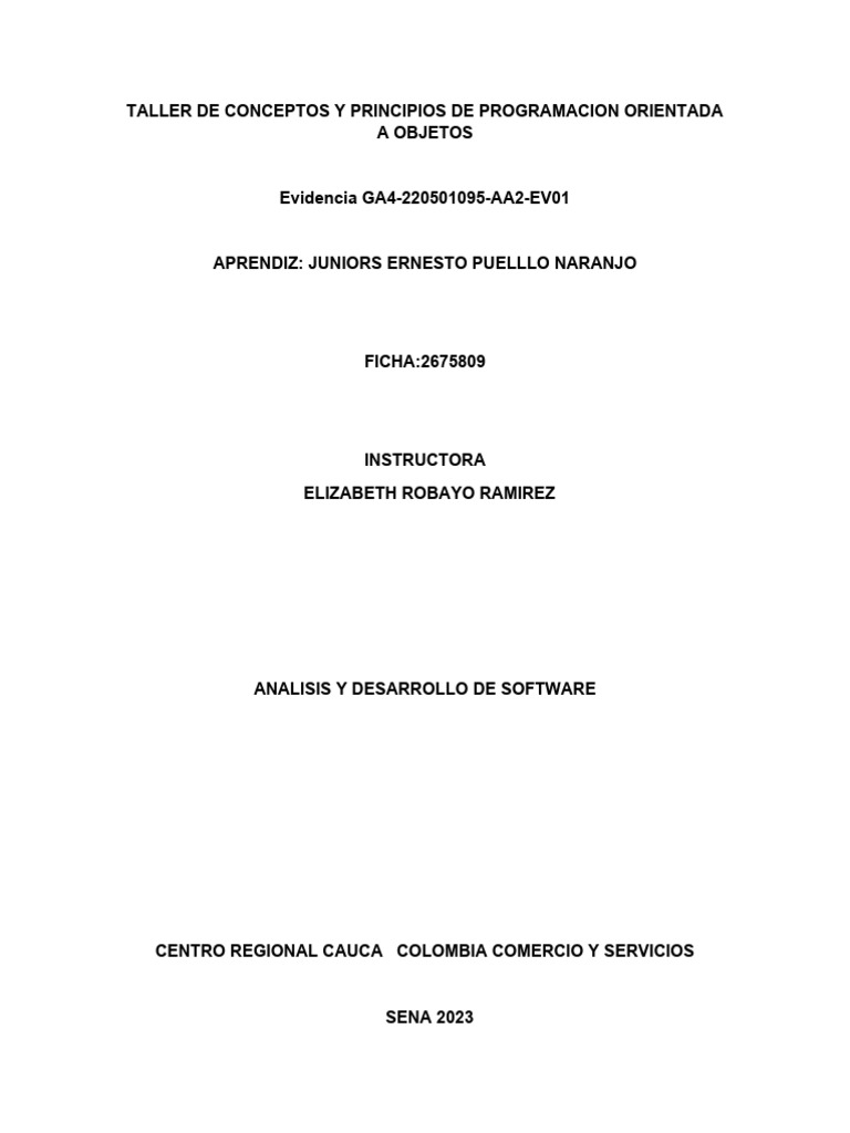 Taller De Conceptos Y Principios De Programacion Orientada A Objetos Pdf Objeto Informática
