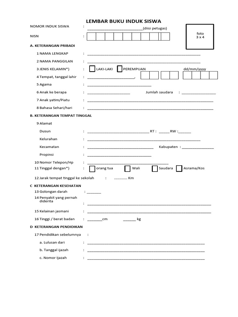 Biodata Buku Induk Siswa | PDF