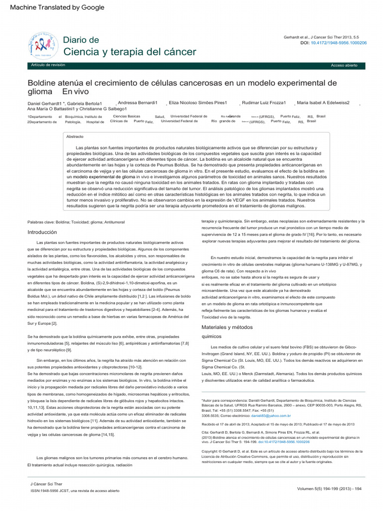 Boldine Attenuates Cancer Cell Growth in An Experimental Model of ...