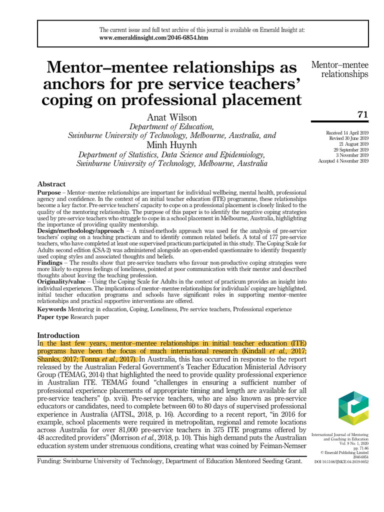Mentor-Mentee Relationships As Anchors For Pre Service Teachers' Coping ... Mentor-Mentee Relationships As Anchors For Pre Service Teachers' Coping ...