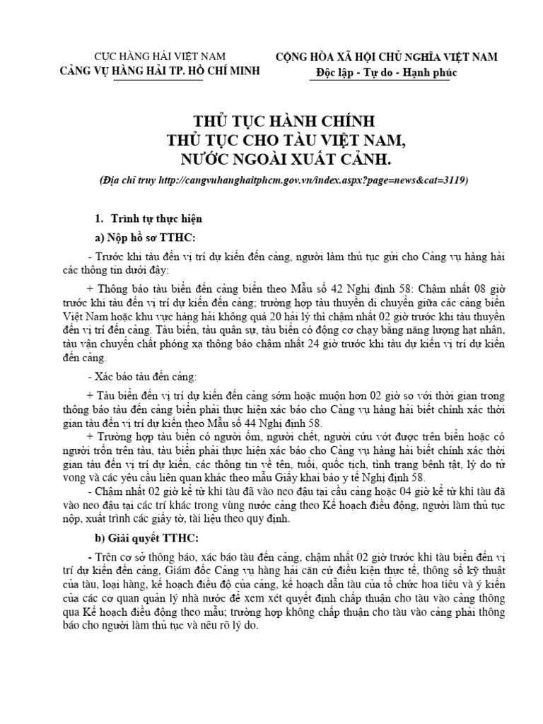 Tthc-thủ Tục Cho Tàu Việt Nam, Nước Ngoài Xuất Cảnh | PDF