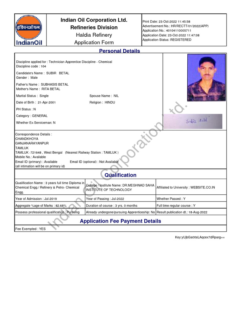 IOCL Application Form No 40104110005711 | PDF | Justice | Crime & Violence