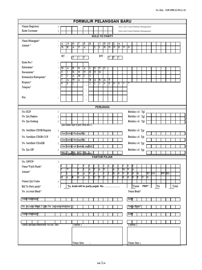 SOP-OPR-02-09-L1-02 - Formulir Pelanggan Baru | PDF